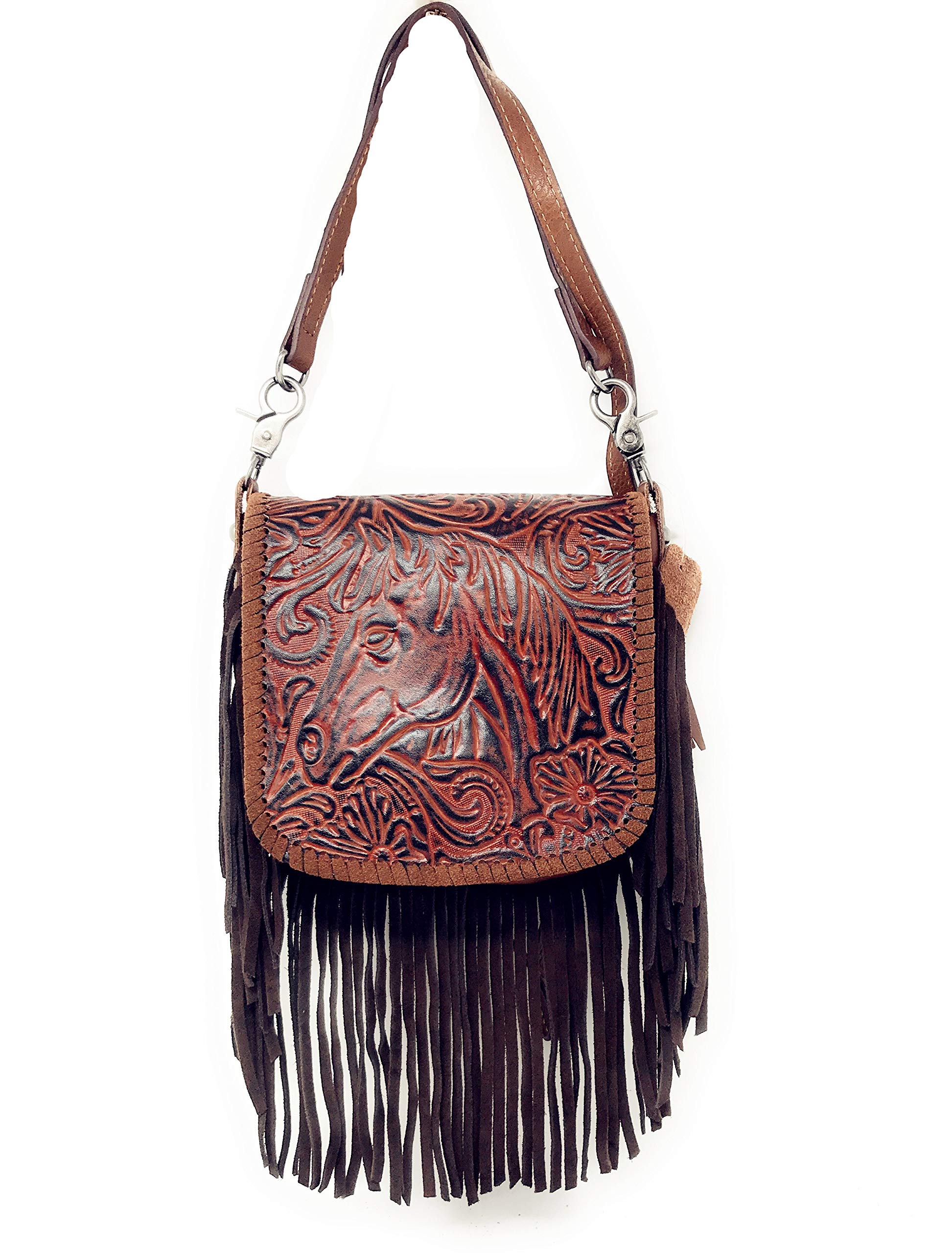 Texas West Western Genuine Leather Tooled Horse Fringe Women's Crossbody Bag in 2 colors (Brown)