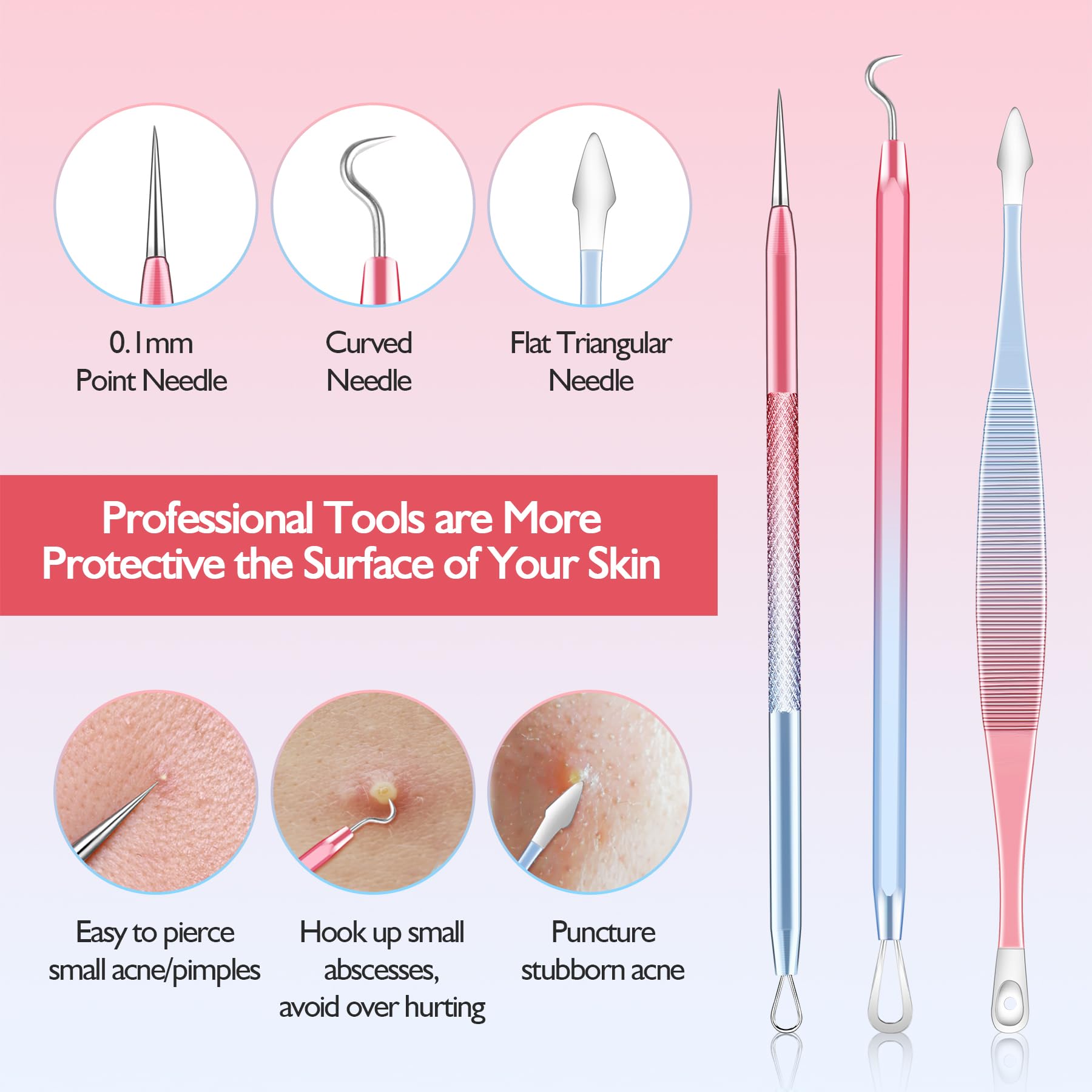 Kresecioo 9 PCS Blackhead Remover Tools, Pimple Popper Tool Kit, Acne Tools Extractor Kit Professional for Nose Face, Blemish Whitehead Zit Popping Tool with Portable Leather Bag(Pink)