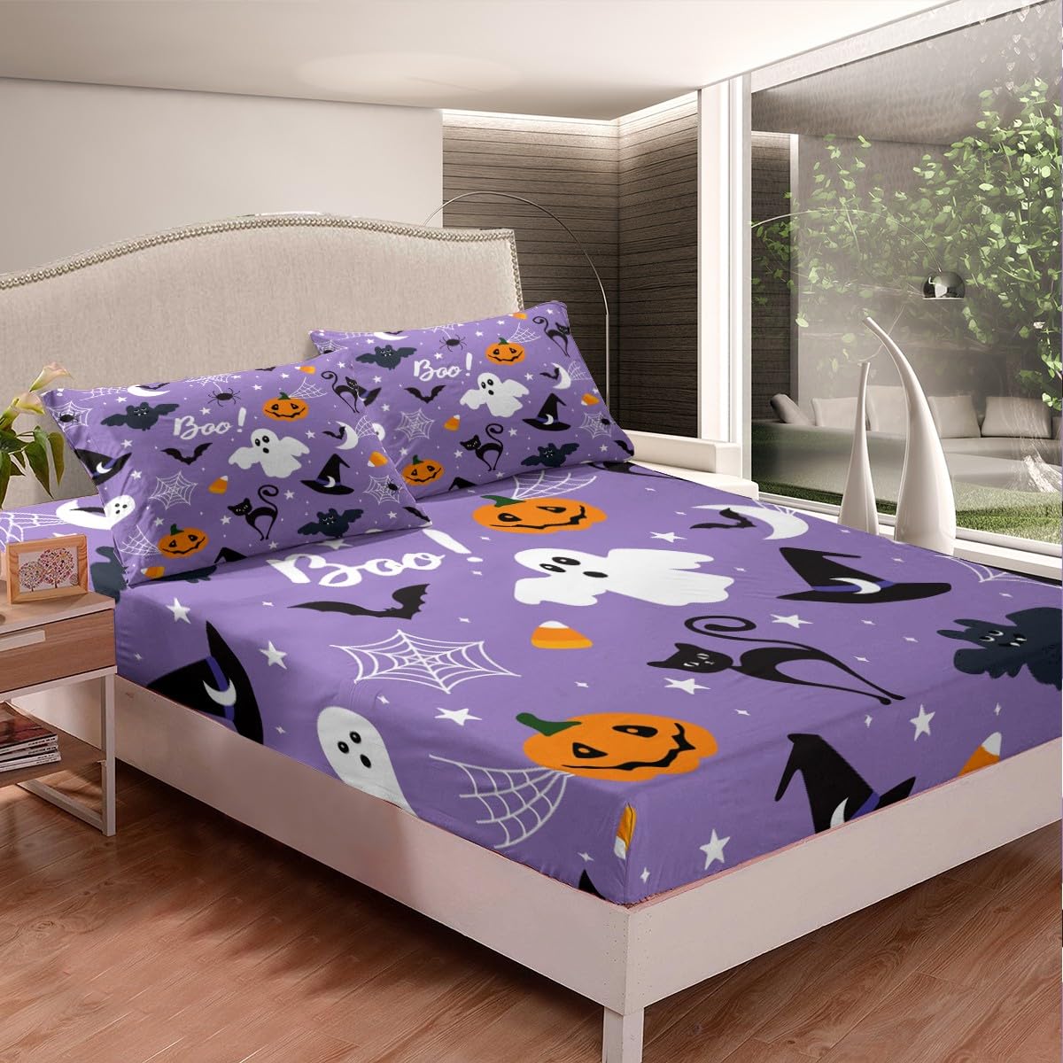 Gothic Spooky Bedding Set Pumpkin Lantern Kawaii Cute Bed Sheets for Kids Boys Teens,Ghost Spiderwebs Fitted Sheet Black Cat Cobwebs Bats Halloween Decoration Twin Size Purple