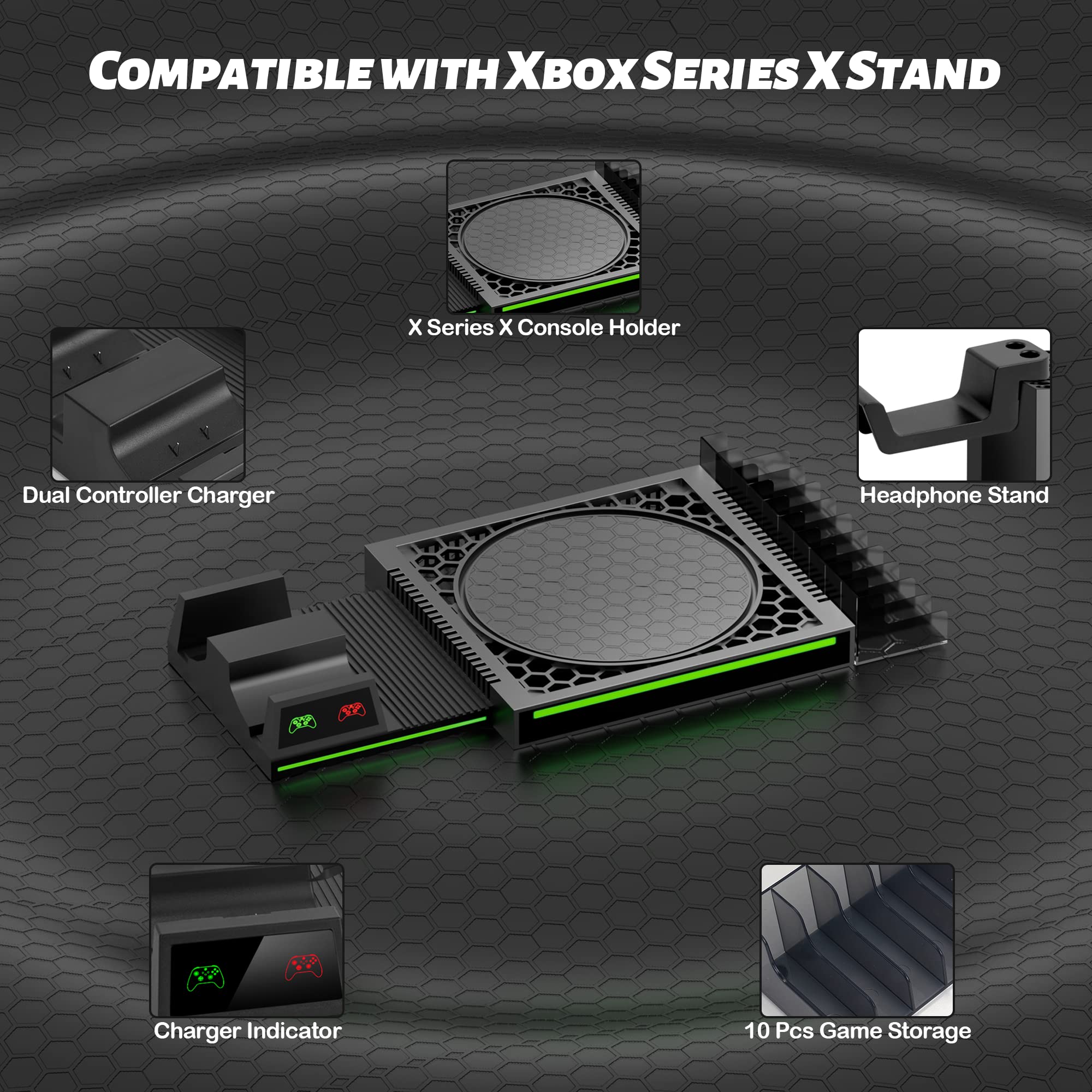 Charging Stand for Xbox Series X, RTTACRTT Dual Controller Charging Station Dock with 2 Rechargeable Battery Pack, 10 Game Storage Organizer & Headphone Holder for Xbox Series X Accessories