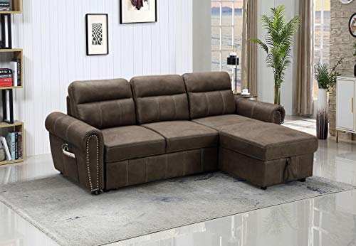 FANYE L-Shaped Oversized Reversible Convertible Tufted Sleeper Sectional Sofa with Pull Out Sleeper Couch Bed,USB Ports, Nailhead Decor Armrests and Storage Chaise for Living Room