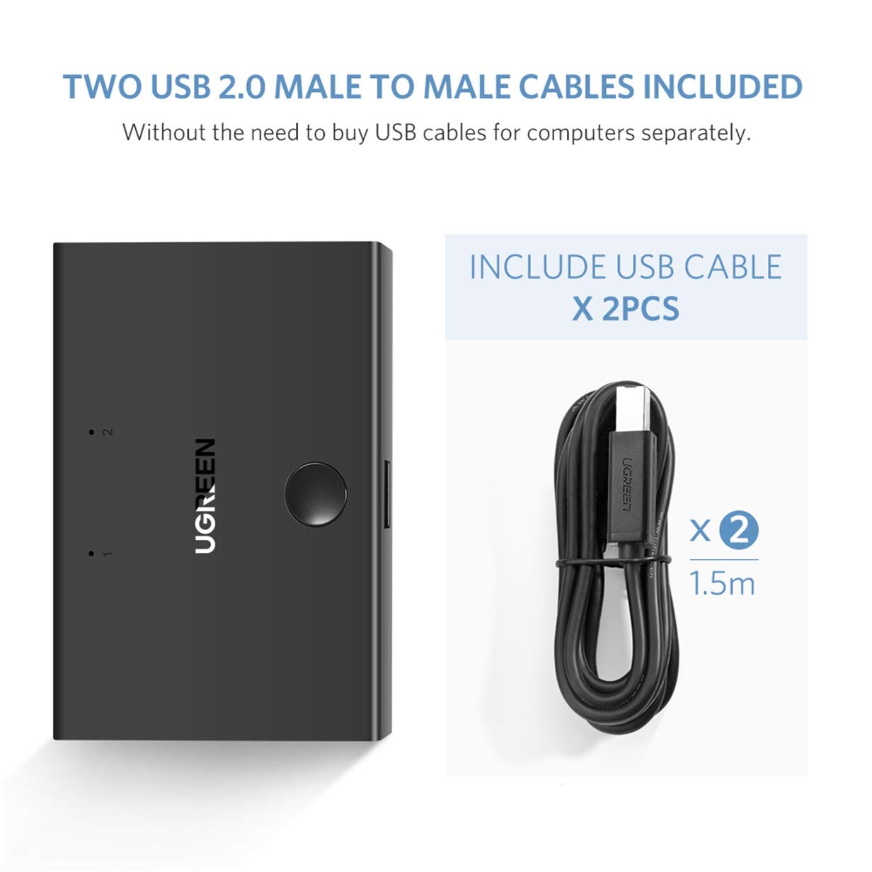 UGREEN USB Sharing Switch USB 2.0 Peripheral Switcher Adapter Box 2 Computer Share 1 USB Device Hub for Printer Scanner with 2 Pack USB 2.0 Male Cable