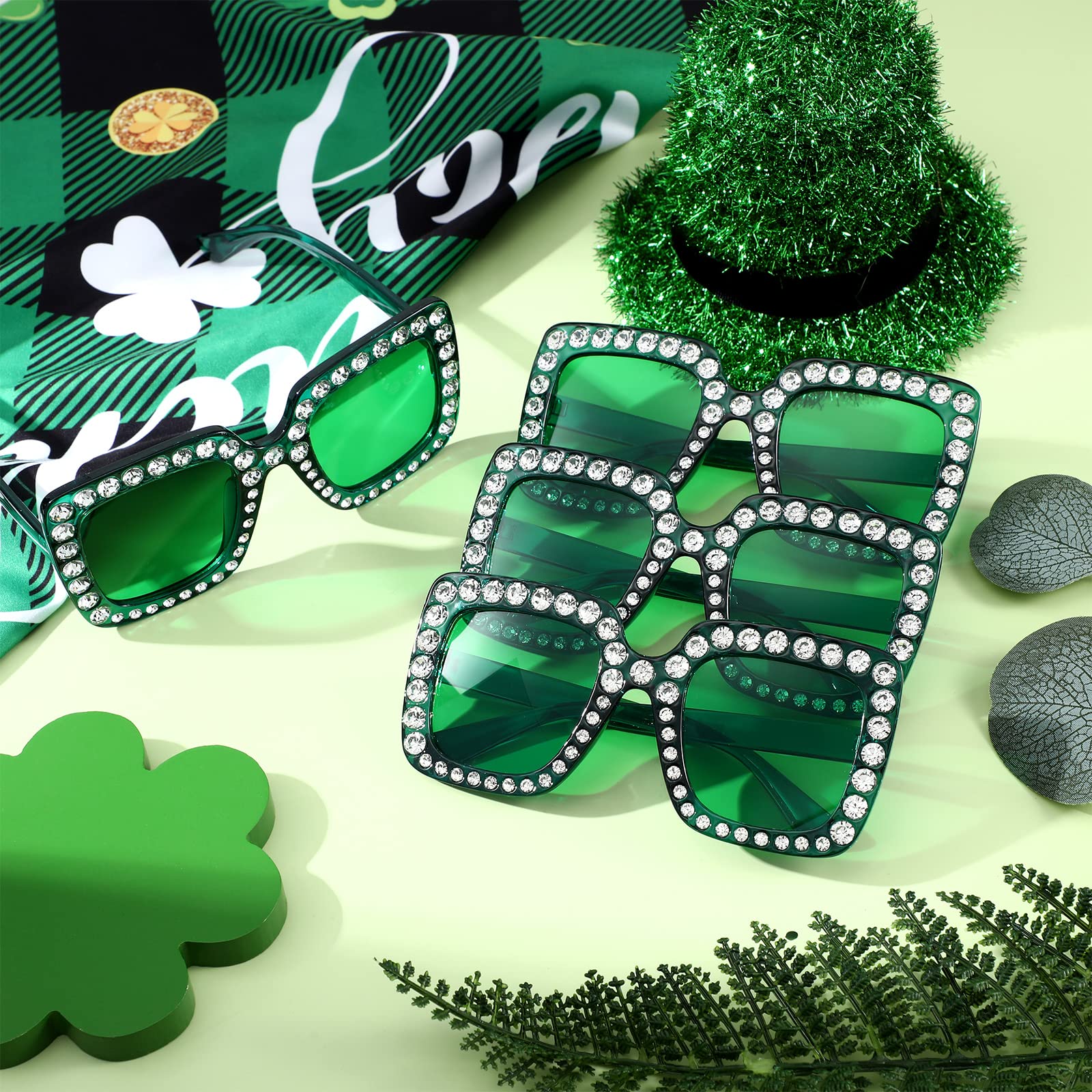 Ecally 3 Pairs St. Patrick's Day Glasses Green Square Rhinestone Sunglasses Oversized Disco Sunglasses Accessories for Women Men Irish Day Party Gift