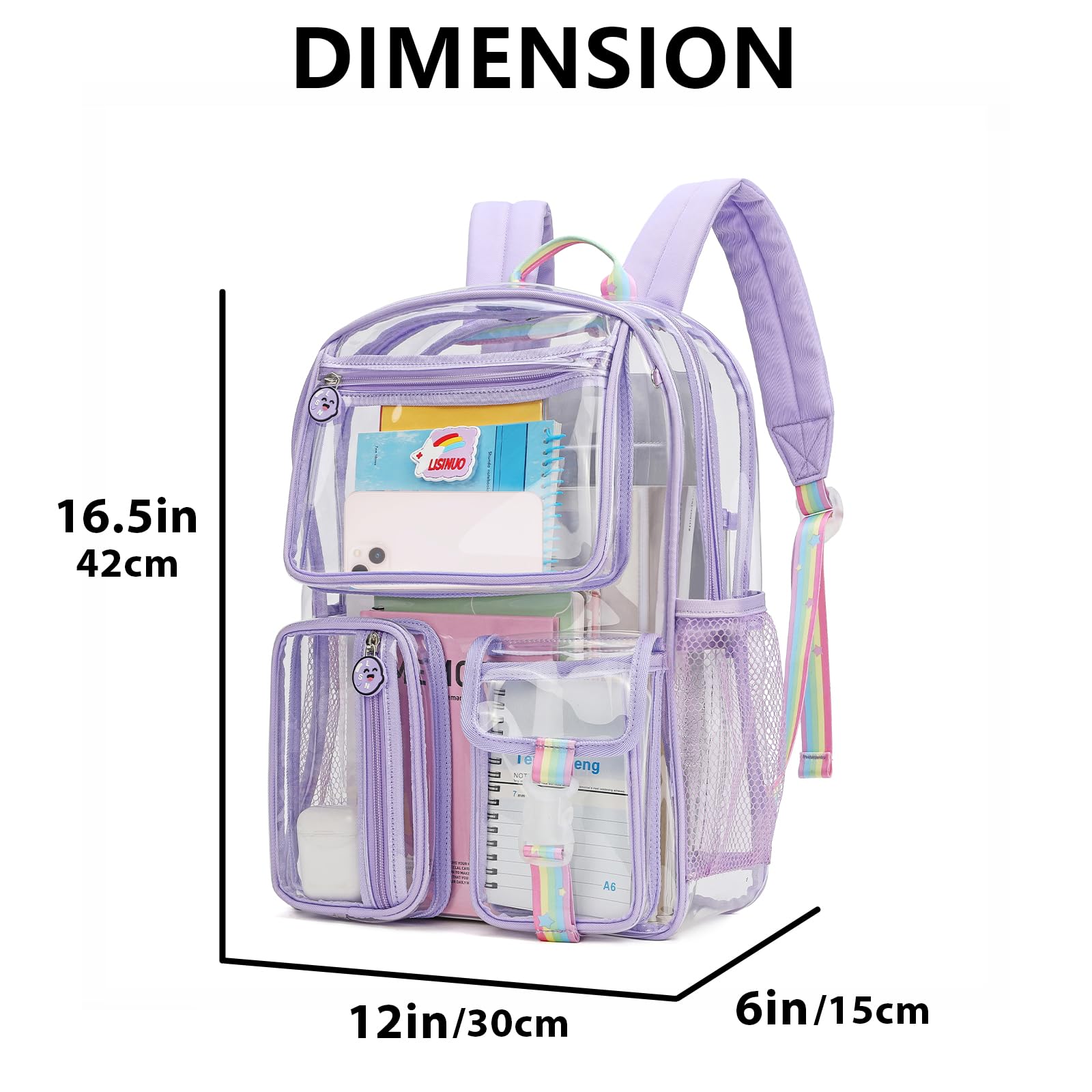 LISINUO Clear Backpack Girl Transparene Backpacks See Through Book Bag for Women Heavy Duty Pvc Mesh Bag Cute Girls Bookbags(Purple)