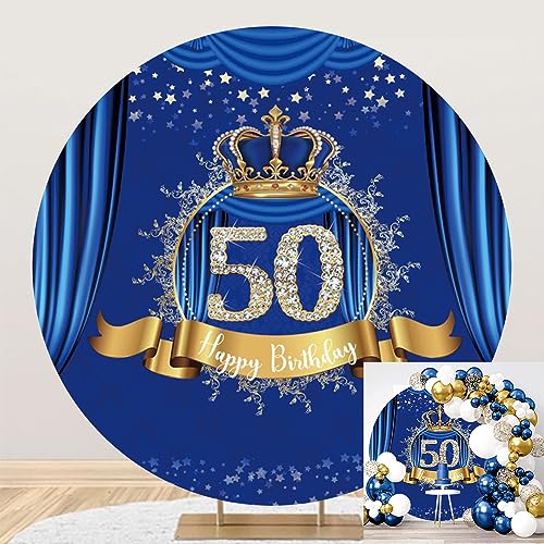 Leyiyi 6.5x6.5ft Happy 50th Birthday Round Backdrop Royal Blue Curtain Drapes Luxury Golden King Crown Photography Background Prince Men Fifty Birthday Party Decor Banner Photo Booth Props