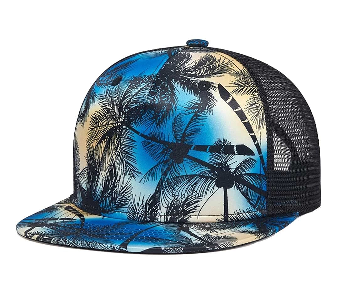 CLOTIME Graphic Trucker Hat Unisex Mesh Trucker Hat The Palm Coco Tree Cap Flat Bill Snapback Hats for Men Women, Blue, One Size