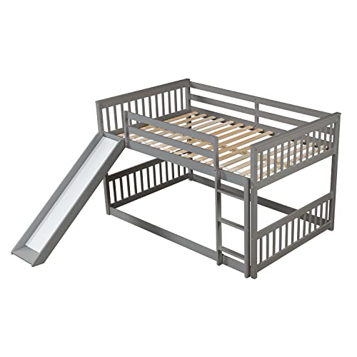 HomSof Solid Wood Full Over Full bunkbed with Slide,Full-Length Safety Guardrails,No Box Spring Needed,Grey