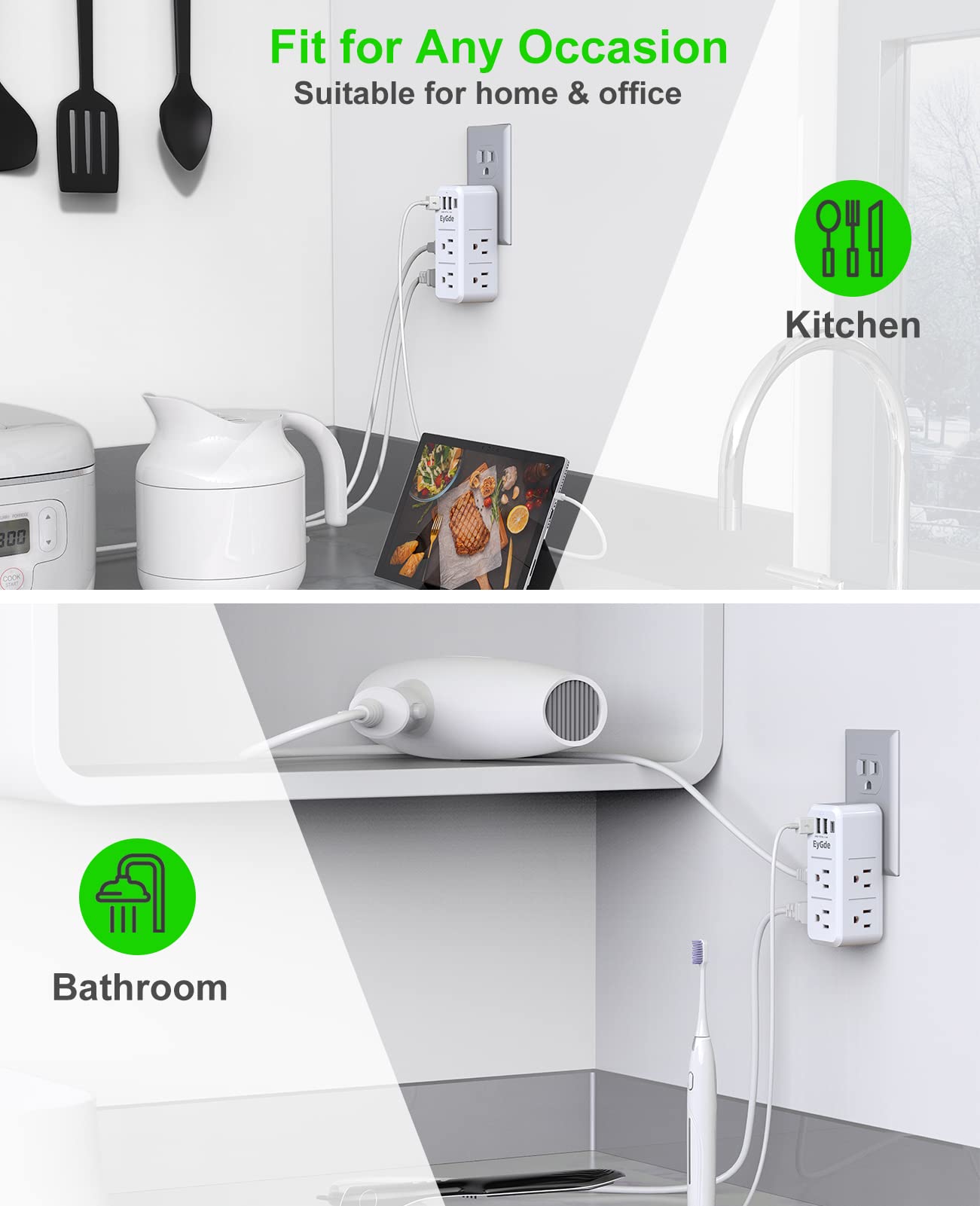EyGde Multi Plug Outlet Extender Surge Protector 1700J, Wall Power Strip with Rotating Plug & 4 USB Charging Ports (1 USB C), 3 Side Swivel Outlet Splitter with 6 Spaced Sockets for Home Office Travel