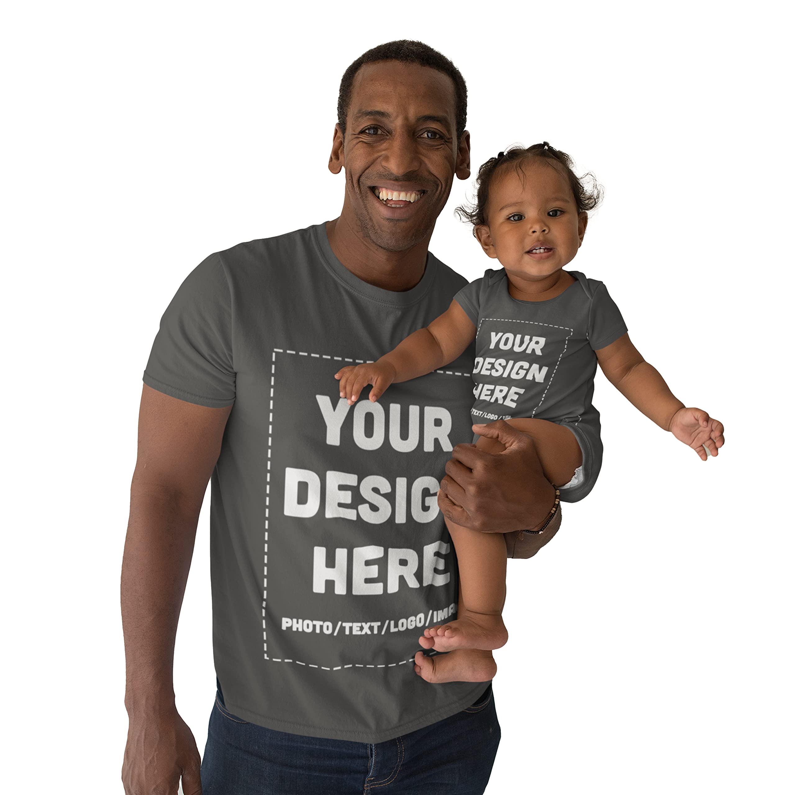Custom Father T-shirt and Baby Onesie - Design Your Own Print Text or Image Shirt for Dad and Newborn Baby - Personalized Baby Clothes Matching Adult Shirt and Baby Bodysuit DESIGN FRONT & BACK