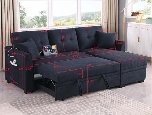 FANYE L-Shaped Reversible Pull Out Sleep Sofabed, Modern Velvet Upholstered Tufted Sleeper Sectional Sofa with Storage Chaise, USB Charging Ports, Side Pockets and 2 Pillows for Living Room