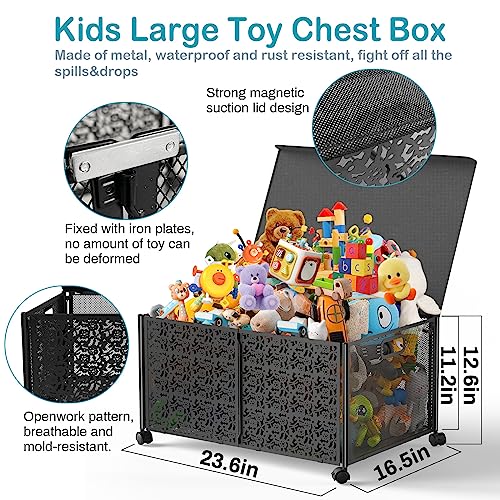 Yoleduo Toy Box Chest Storage Organizer with Lid Collapsible Metal Sturdy Toy Storage Bins with Wheels Storage Boxes Bins Baskets for Kids, Boys, Girls (1 piece, Black)