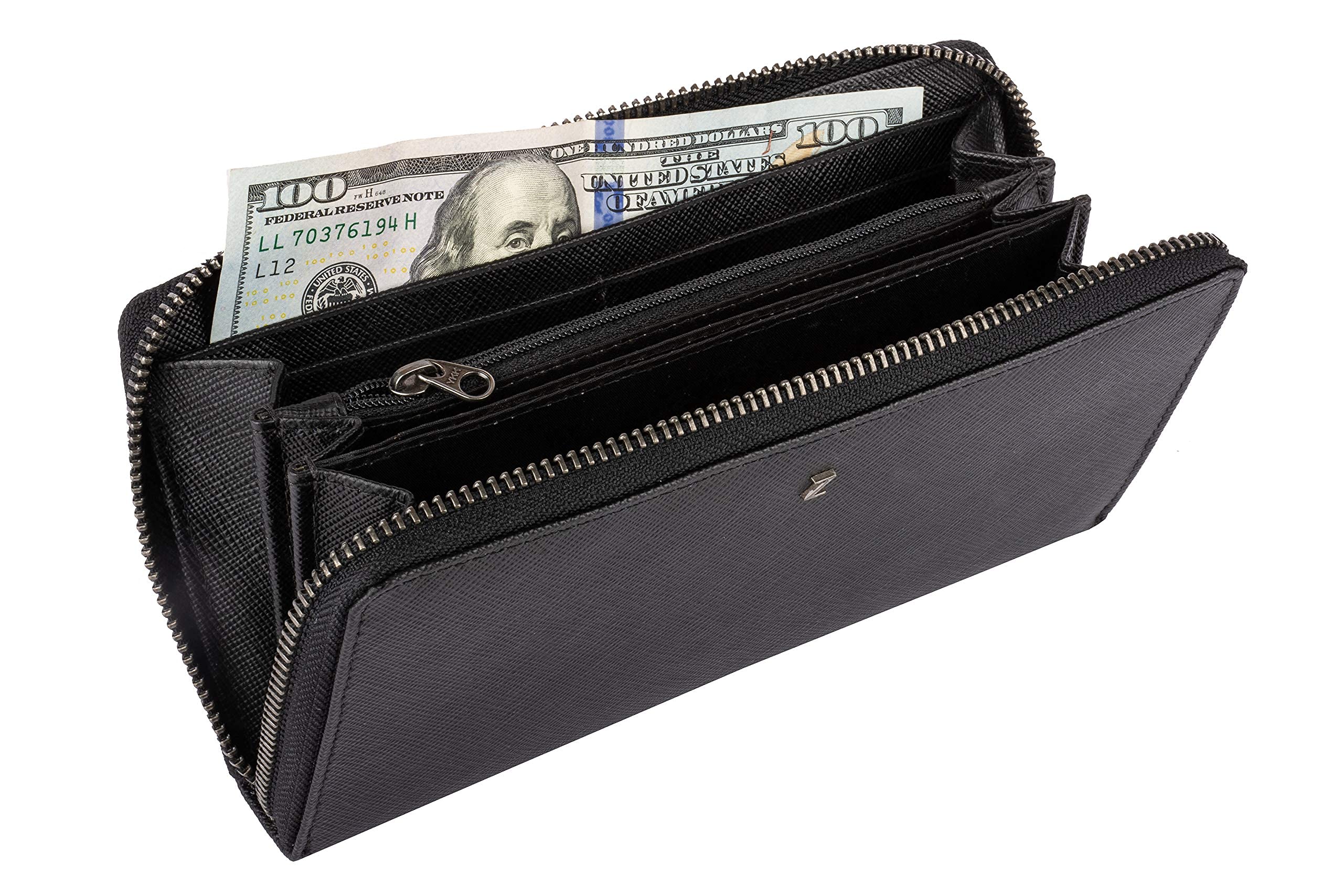 Zinda Genuine Leathers Women’s Wallet Long Purse Zip Around RFID Protection (Black)