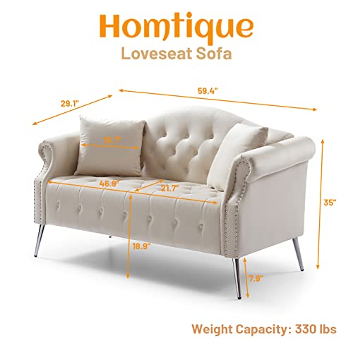 Homtique Velvet Loveseat Sofa for Living Room, Mid Century Modern Sofa Upholstered Button Tufted Rolled Arms and Metal Legs, 59.4" Small Sofa Couches for Small Spaces with 2 Pillows for Bedroom(Beige)