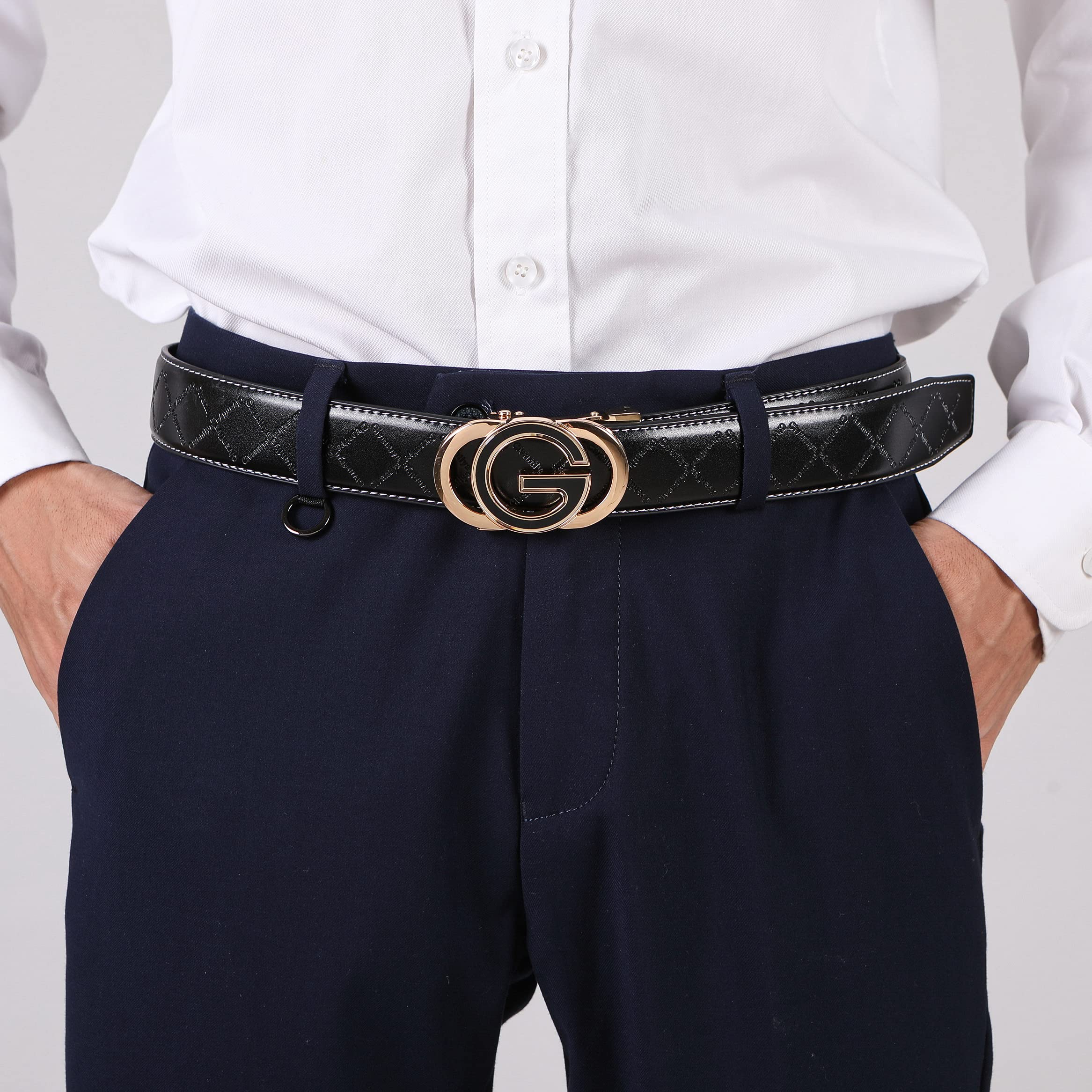 Civantiya Ratchet Belt for Men - Mens Belt Leather Black Designer 1 3/8" for Casual Jeans - Adjustable Belt Trim to Fit