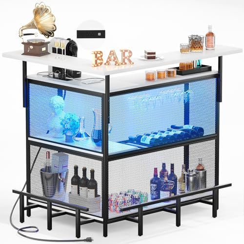 Hyomdeck L Shaped Home Bar Unit with Power Outlet & LED Light, Corner Bar Cabinet with Footrest, Wine Bar Cabinet with Glass Holder and Liquor Rack, Bar Table for Dining Room, Kitchen, Basement, White