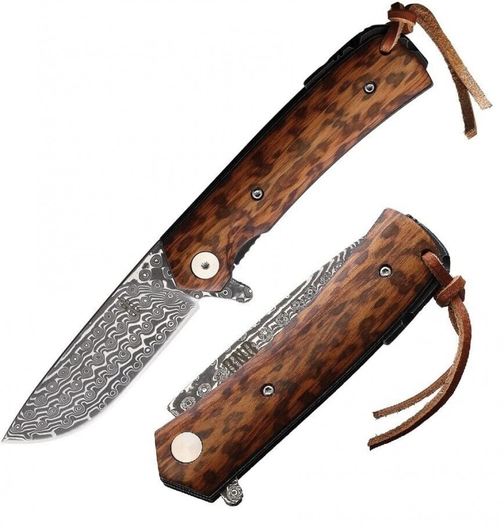 BucknBear Custom Handmade Swiss Damascus Smooth Folding Knife (Snakewood handle)