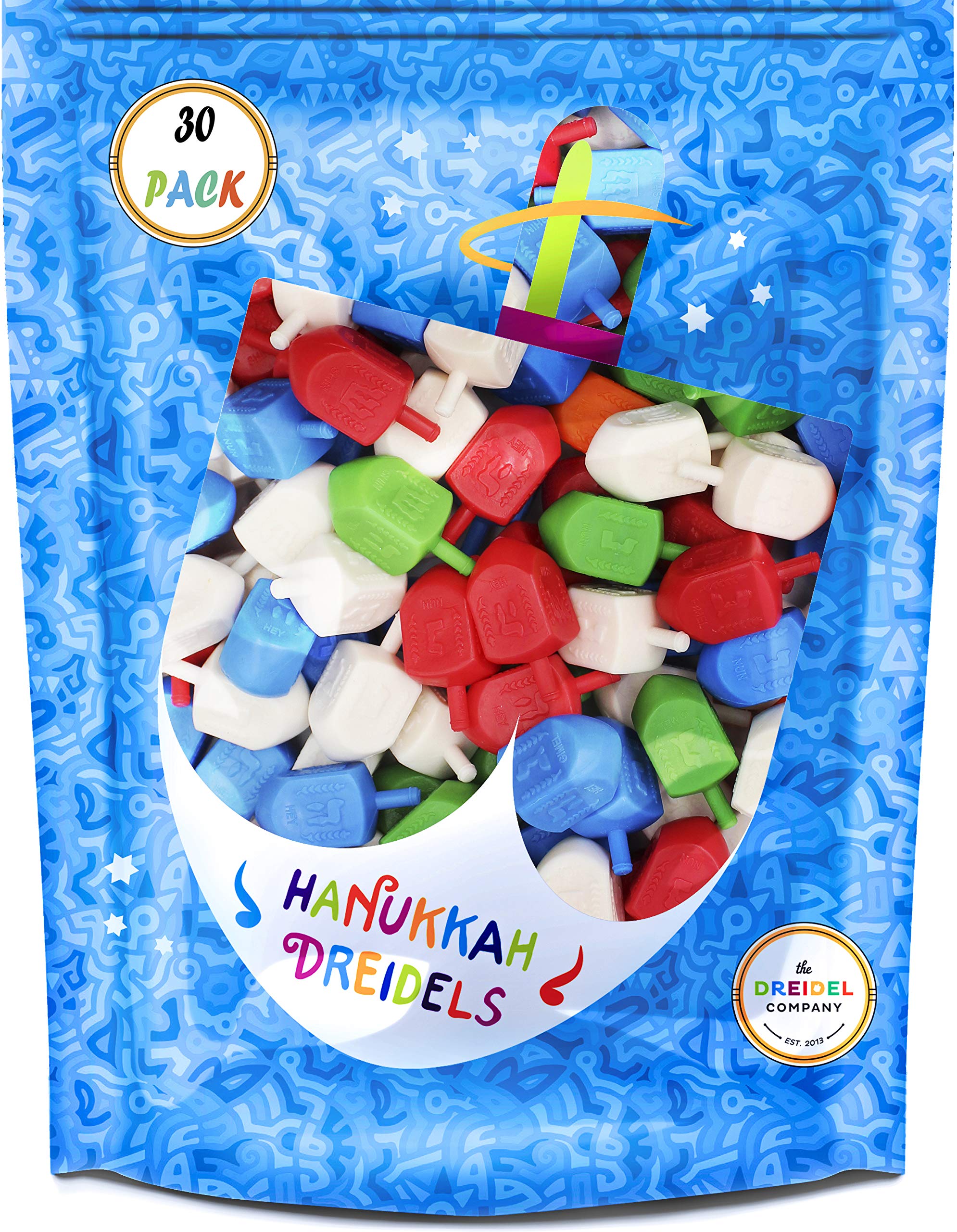 The Dreidel Company Hanukkah Dreidels Multicolor Plastic Chanuka Dreidels with English Transliteration - Includes Dreidel Game Instruction Cards (30-Pack)