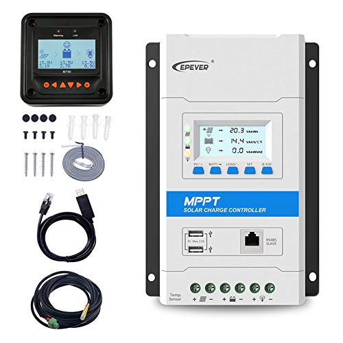 EPEVER 40A MPPT Solar Charge Controller 12V/24V Auto Solar Panel Charge Regulator with LED&LCD Display Double USB Port and MT50 Remote Meter Temperature Sensor RTS & PC Communication Cable RS485