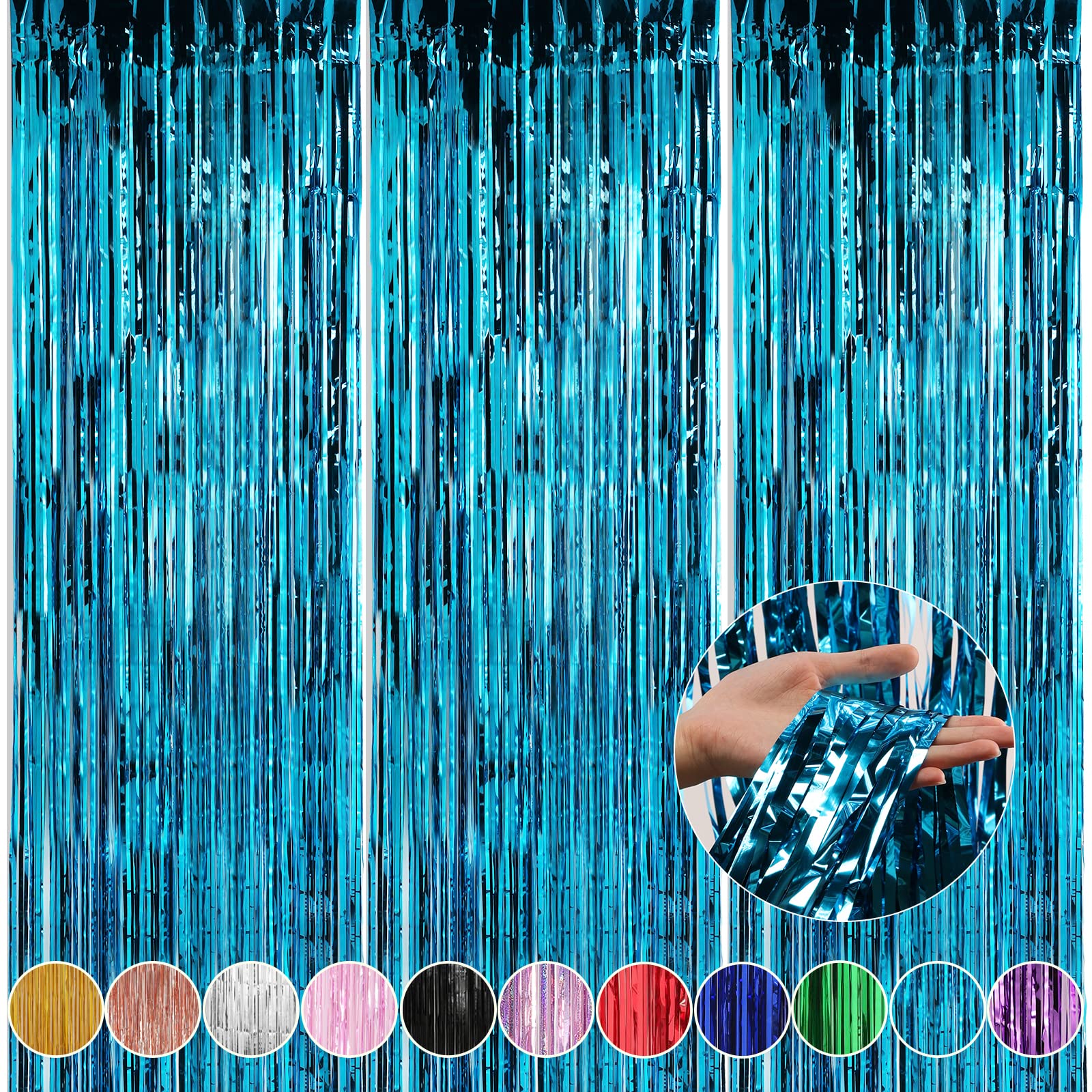Crosize 3 Pack 3.3 x 9.9 ft Blue Foil Fringe Backdrop Curtain, Streamer Backdrop Curtains, Streamers Birthday Party Decorations, Tinsel Curtain for Parties, Galentines Decor
