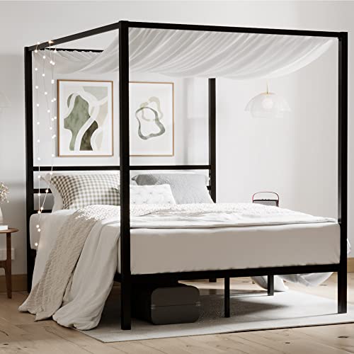 ikalido Queen Size Metal Canopy Bed Frame, Modern Four-Poster Platform Bed Frame, Mattress Foundation with Wood Slat Support/Under-Bed Storage Space/No Box Spring Needed/Black