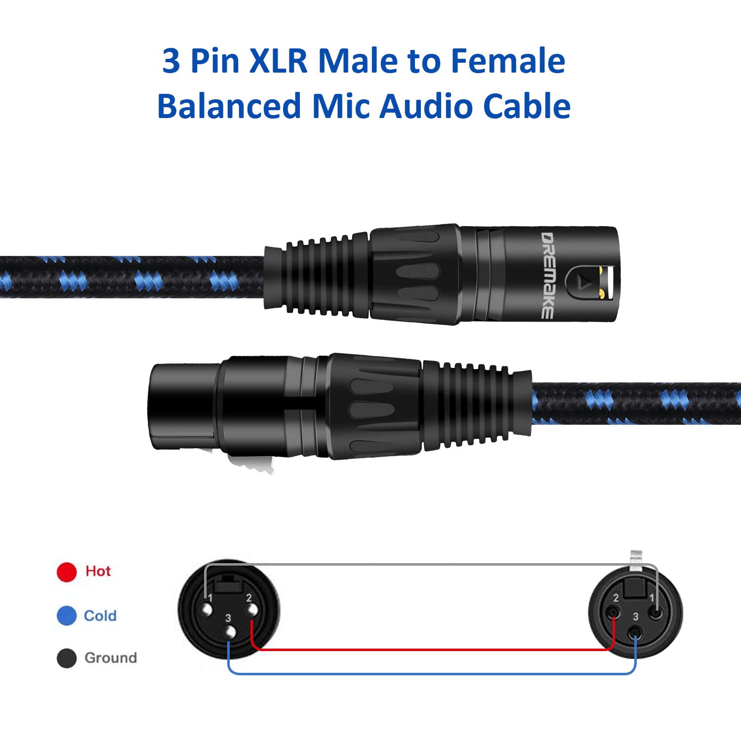 DREMAKE Audio 10FT Mic Microphone Patch Cable Cords - 3-Pin XLR Male to XLR Female Black Blue Tweed XLR Snake Cables - 10'Balanced Mike Amp Cable - 5 Pack