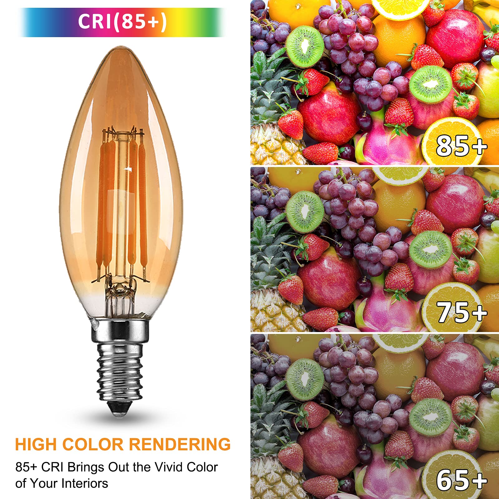 CloudMi Dimmable E12 LED Filament Candelabra Light Amber Bulbs 60W Equivalent, Ceiling Fan Light Bulbs Warm White 2200K, B11 E12 Small Base LED Candle Bulbs, 420LM, 6 Pack