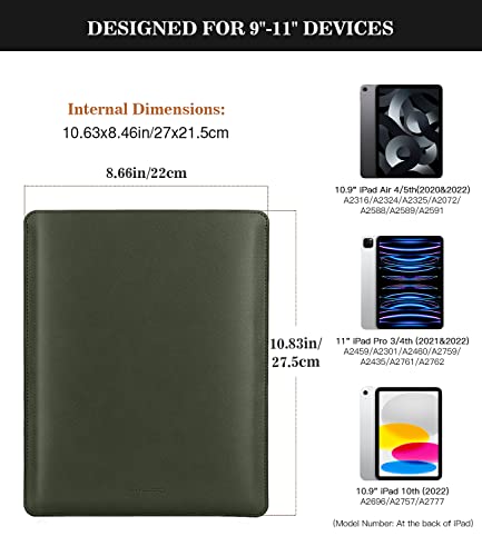 MoKo 9-11 Inch Tablet Sleeve, PU Leather Briefcase Slim Stylish Case Fits New 11-inch iPad Pro M4/iPad Air M2 2024, iPad Air 5/4/3th 10.9/10.5, iPad 10/9/8th Gen 10.9/10.2,Tab S8/S9 11, Midnight Green