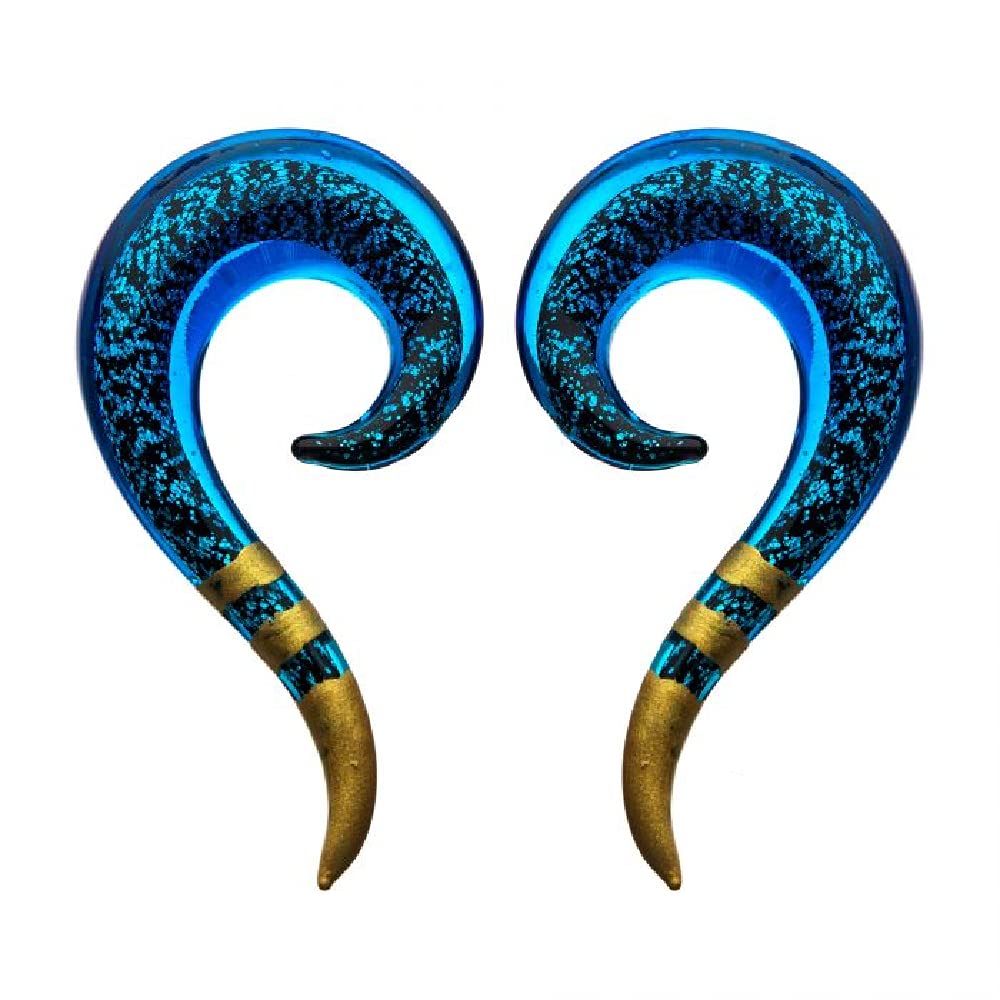 Cerulean Blue Foil with Golden Stripes Hooked Glass Taper Earrings, Sold as a Pair (12.7mm (1/2"))