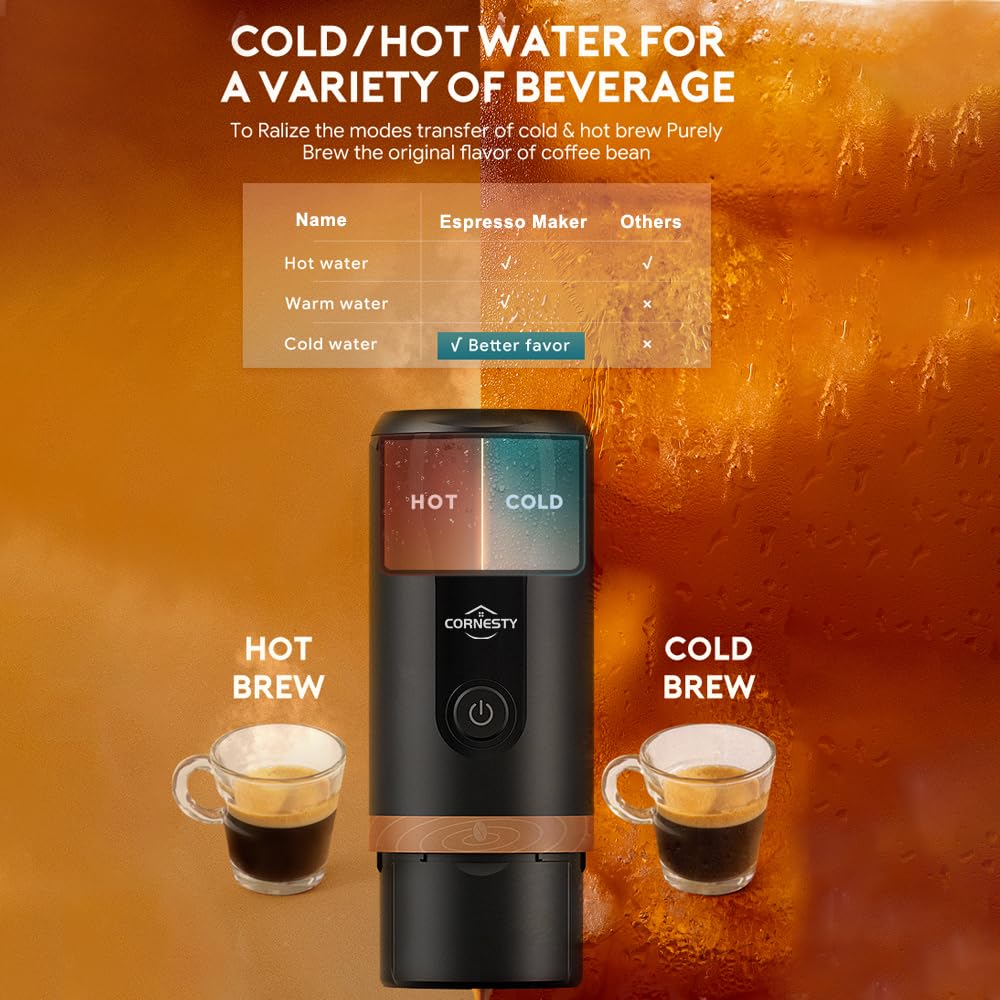 Cornesty Portable Coffee Maker, Rechargeable 2 in 1 Small Travel Espresso Machine, 9 Bar Pressure 12V Fast Brewing Coffee Machine Compatible with NS Pods & Ground Coffee for Camping Office Hiking RV