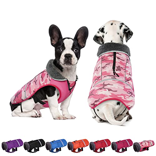 IKIPUKO Dog Winter Coat, Waterproof Windproof Dog Snowsuit Warm Dog Coat with Neck Zipper, Dog Cold Weather Coats for Large Medium Small Dogs, Dog Fleece Jackets Reflective Dog Puffer Coat(Camo L)