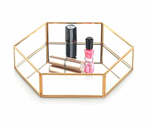 PinkBoss Glass Makeup Tray Handmade Perfum Mirror Storage for Vanity (Gold)