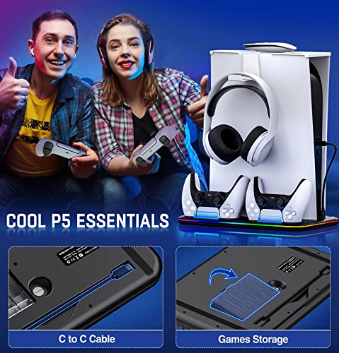 DINOSTRIKE PS5 Cooling Station with RGB Light, PS5 Stand with Cooling Fan for PS5 Disc&Digital Editions Dual Controllers Charger Station, PS5 Accessories for PS5 Console Headset Holder, 6 Game Slots
