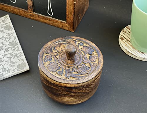 Rustic Salt Box Cellar with Hand Carved Lid & Spoon, Wooden Salt Pinch Bowls | Wood Salt Keeper, Spice Bowls for Cooking | Salt Pepper Tea Sugar Coffee Storage Holder for Kitchen, Mothers Day Gift