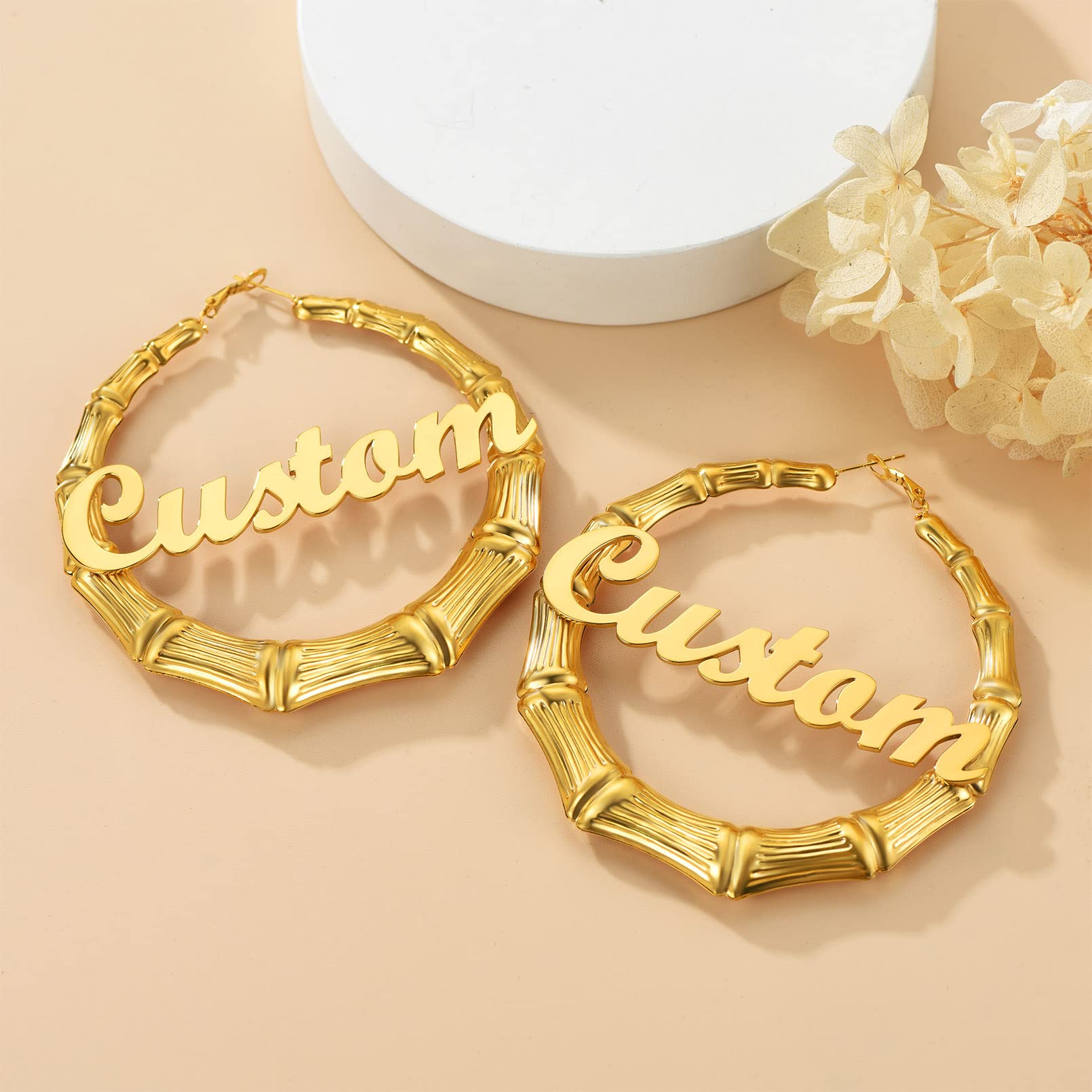 Custom4U Personalized Gold Hoop Earrings with Name Custom Bamboo Elegant Earrings Memory Jewelry Gifts for Women