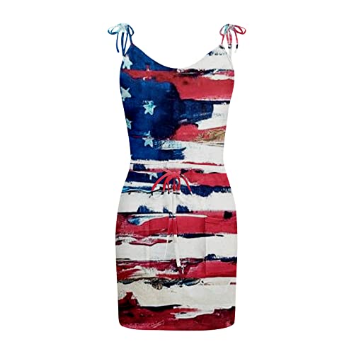 Dressy Women Summer Dress Independence Day Print Striped Spaghetti Strap Mini Beach with Pocket Shirt Maxi Red