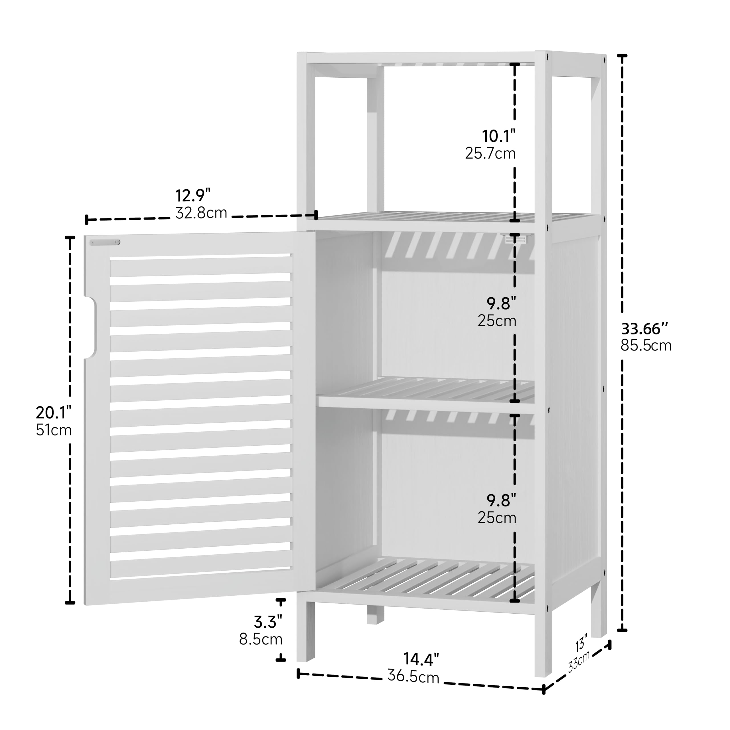 HITNET Bamboo Bathroom Storage Cabinet, 4 Tier Small White Floor Cabinet with Single Door, Free Standing Slim Narrow Storage Organizer for Bedroom Living Room