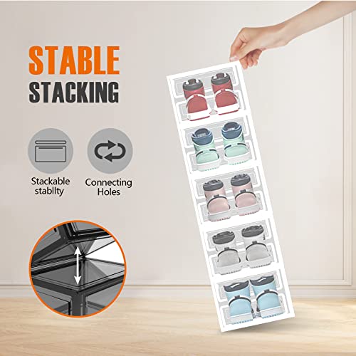Eoszaous Shoe Box, 6 Pack Shoe Boxes Clear Plastic Stackable, Shoe Storage Boxes with Lids, Drop Front Shoe Boxes for Sneaker Storage Display, Fit Up to US Size 12 (13.6”x 10.4”x 7.5”) (Transparent)