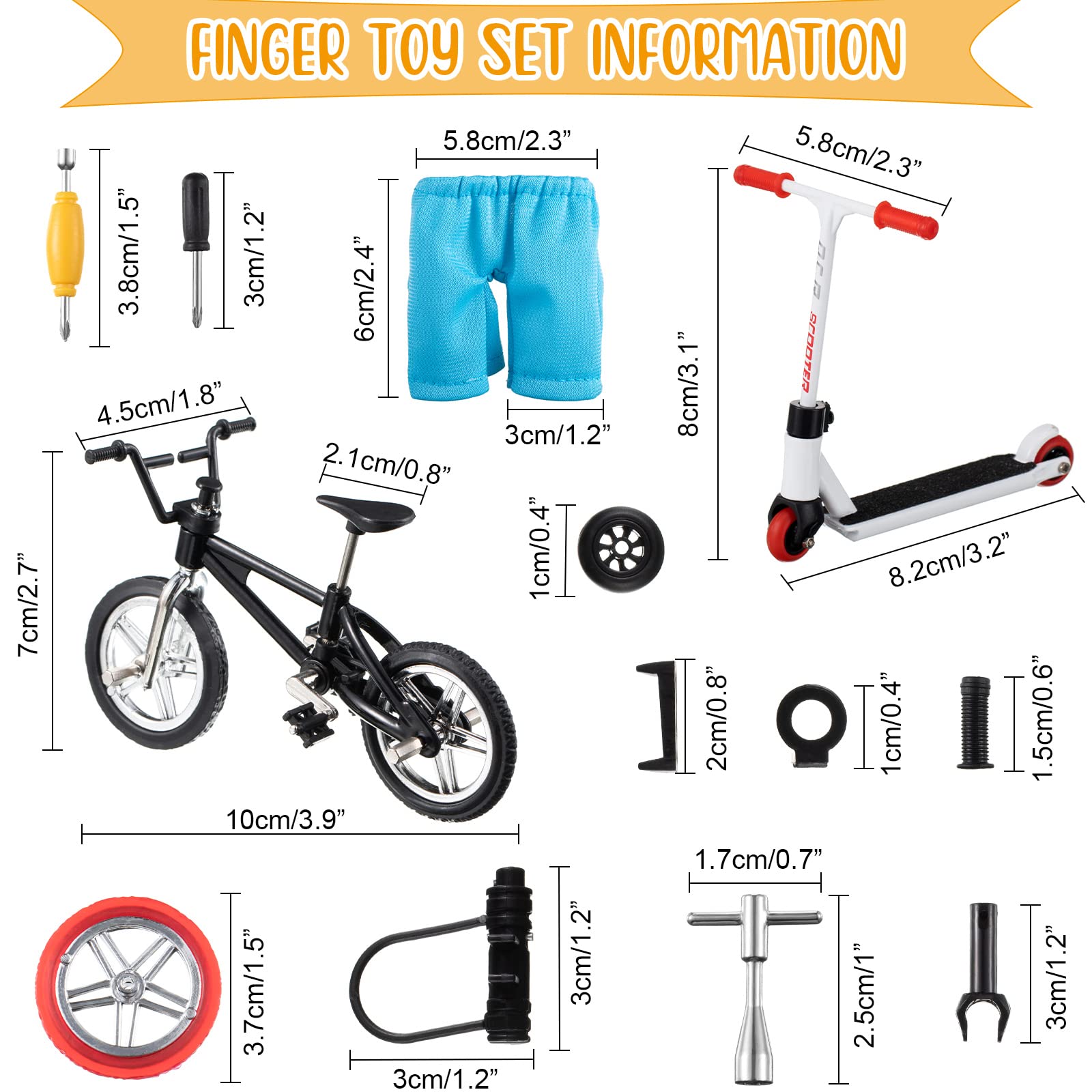 Zomiboo 18 Pieces Finger Toy Set Including Alloy Finger Bikes, Finger Scooter, Finger Pants, Replacement Wheels, Bike Lock and Mini Tools Movement Party Favors(Black, White, Blue)