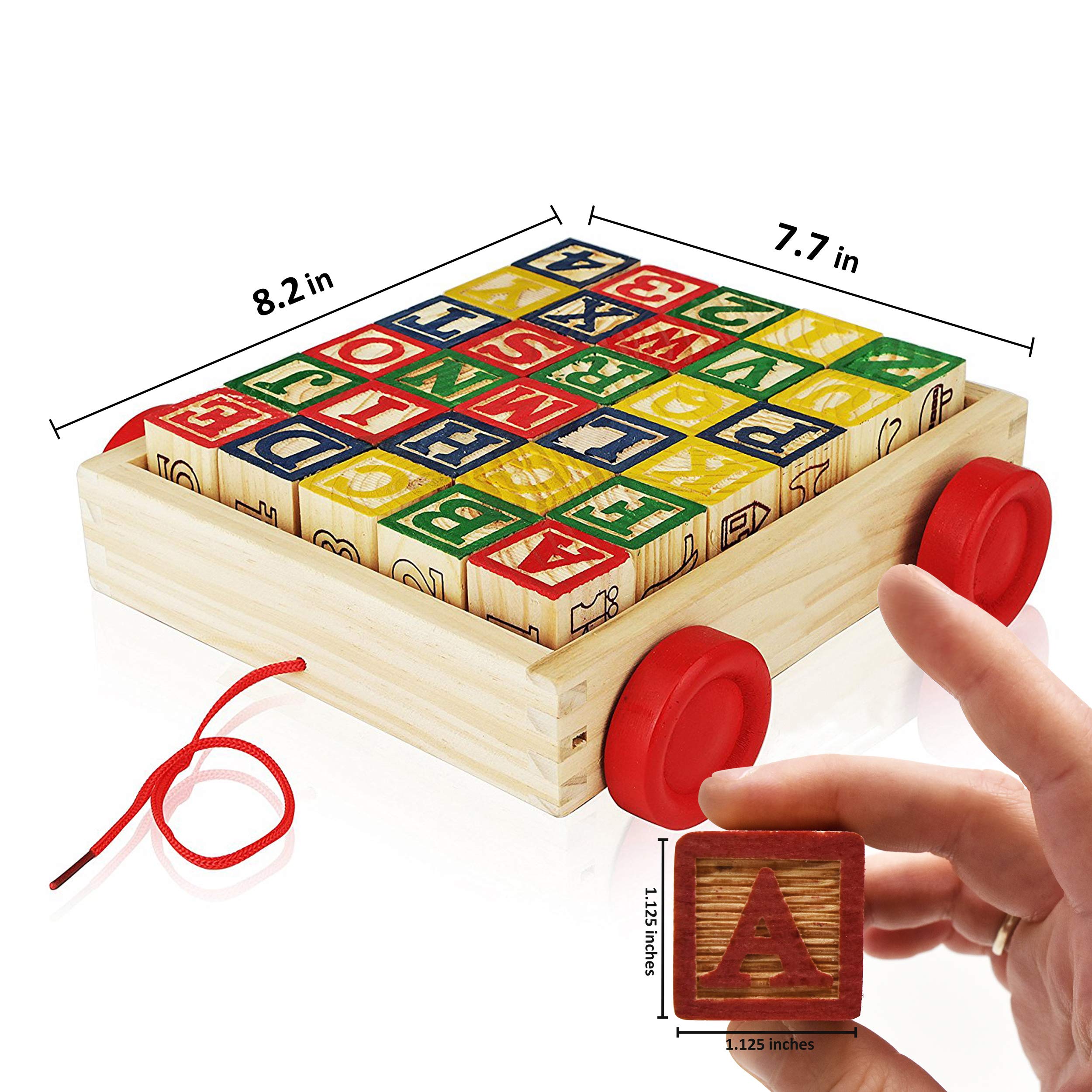 Number 1 In Service Wooden Alphabet Blocks, Best Wagon ABC Wooden Block Letters Come in a Pull Wagon for Easy Storage and Movement, Most Entertaining Wooden Toy for Toddlers, 30 Pieces Set.