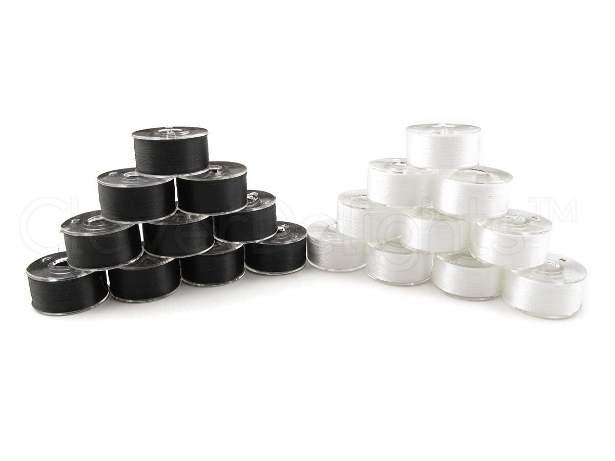 CleverDelights Black and White Prewound Bobbins - 24 Pack - Size A Bobbins - 60wt - SA156 Replacement