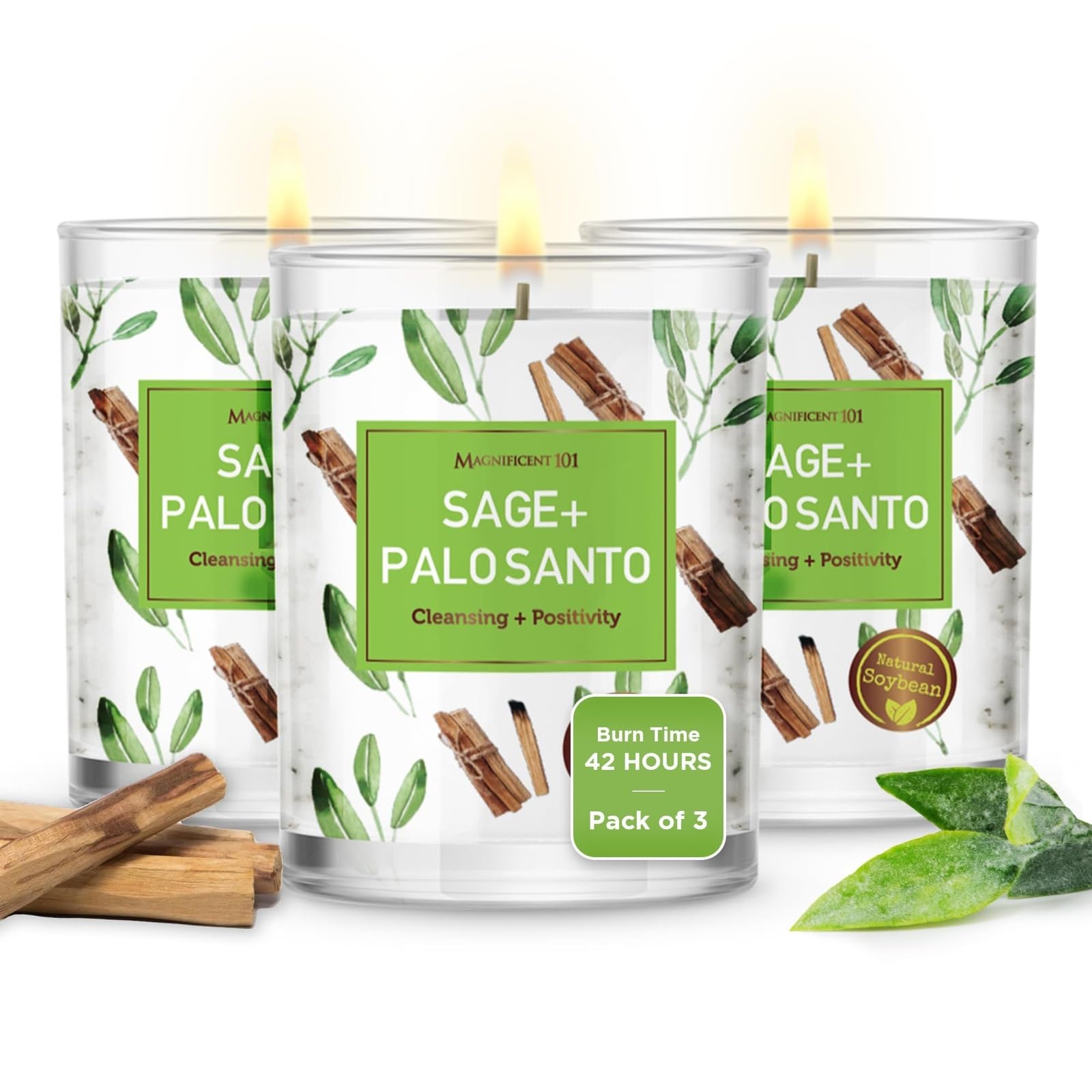 Magnificent 101 Set of 3 Long Lasting Pure Sage + Palo Santo Candles | 3.5 Oz Each - 42 Hour Burn | Made of Soy & Paraffin Free Candles for House Energy Cleansing & Manifestation