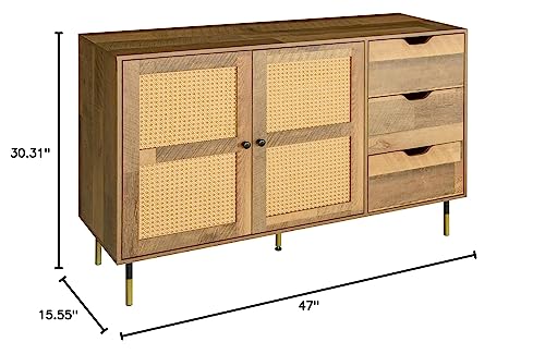 GIA Home Furniture Series Boho Rattan Sideboard with 2 Door &3 Drawers,Buffet Storage Cabinets with Adjustable Shelving and Wine Rack for Living & Dining Room,Black Metal Frame, Oak Finish