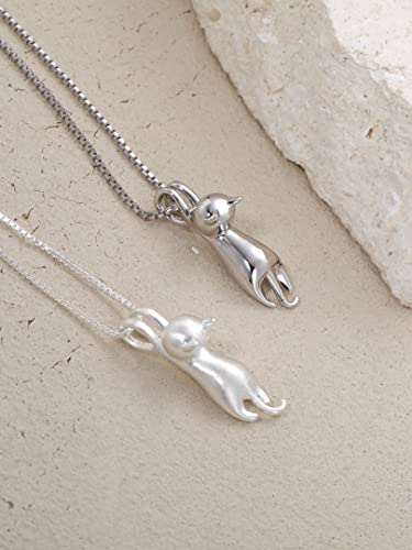 S.Leaf S925 Sterling Silver Cat Necklace Polish Mirror Silver Cat Pendant Collarbone Necklace