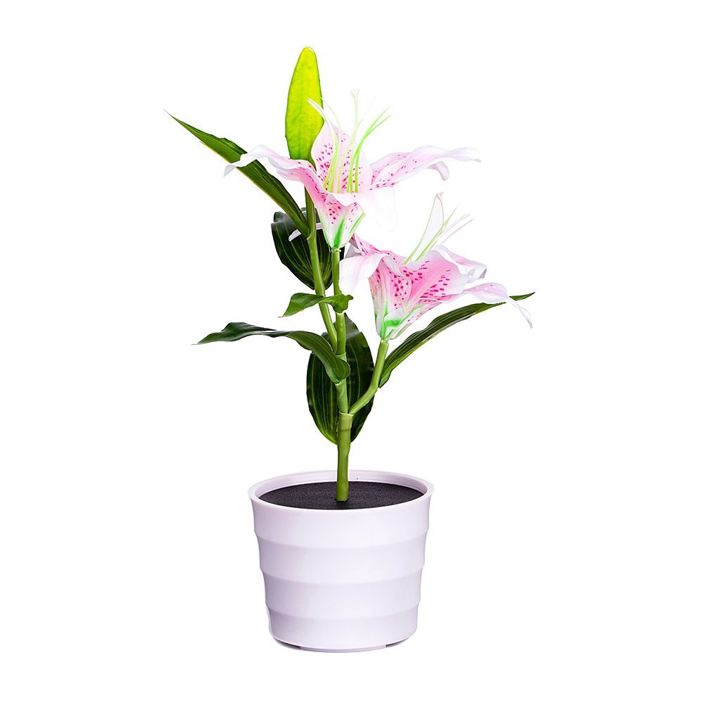 Solar Flower Pot LED Light Lily Flower Table Lamp Decorative Plant Garden Light Lawn Lamp for Room Outdoor Decoration (Pink)