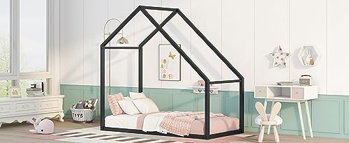 Epinki Twin Size Metal House Bed Kids Bed, Black, Kids Bed, No Box Spring Needed, Easy Assembly
