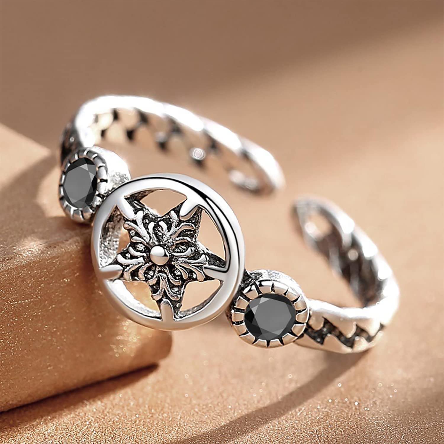 Ecooon 2pcs 925 sterling silver Celtic Knot Pentagram Pentacle star open ring Cuban curb link ring pack, adjustable Amulet protection jewelry gifts for women and men