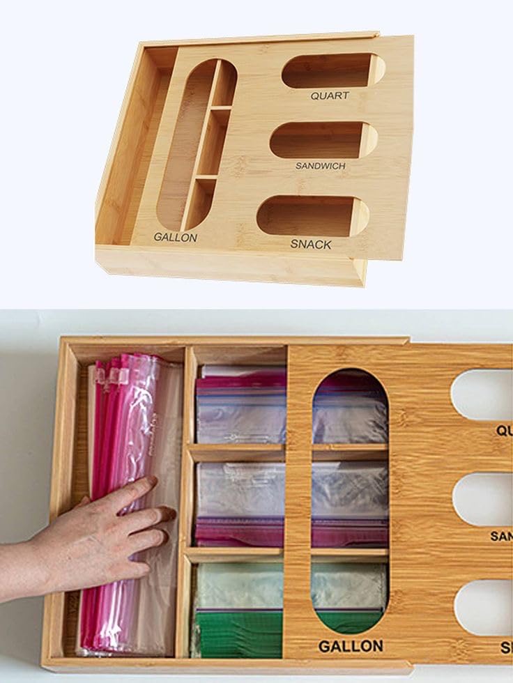 CNL DESIGNS INC. Bamboo Ziplock Bag Organizer for Drawer, Food Storage Organizer, Sandwich Bag Organizer for Kitchen, Compatible with Gallon, Quart, Sandwich & Variety Snack Size Bags.