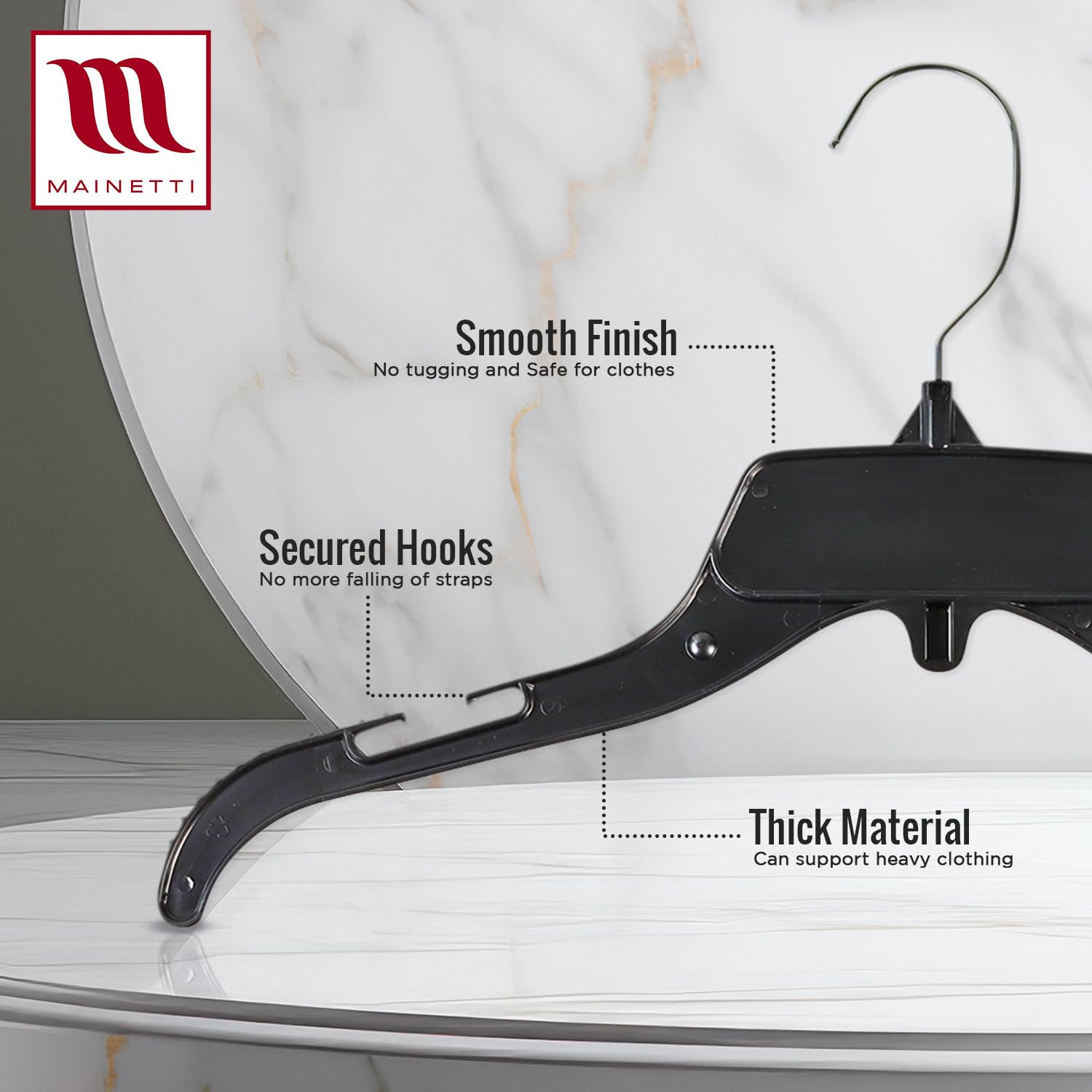 Mainetti 485 Black Plastic Hangers - 10 Pack with Rotating Metal Hook and Notches for Straps, Great for Shirts/Tops/Dresses, 15 Inch