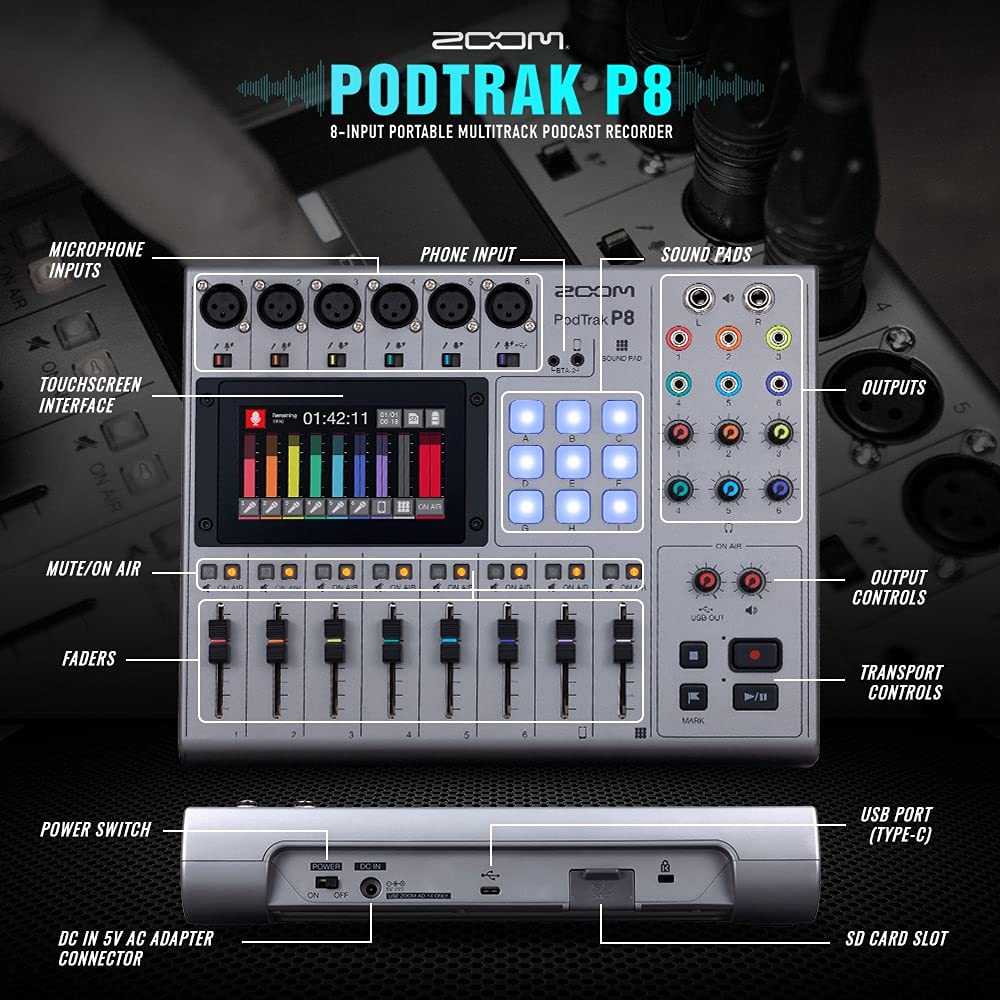 Zoom PodTrak P8 Portable Multitrack Recorder Perfect for Podcasting, Twitching and More in Premium Accessories Bundle with x4 Stereo Headphones, x4 Microphones, Batteries Cleaning Kit & More