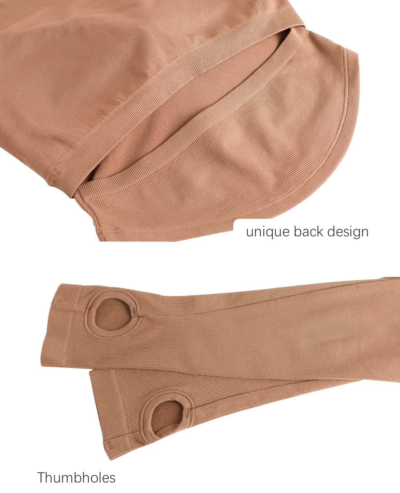 ECUPPER Womens Long Sleeve Workout Crop Tops Built in Bra Seamless Athletic Shirts Compression Yoga Gym Top with Thumb Holes Camel